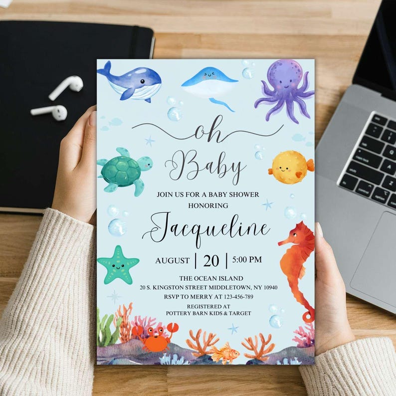 Under the Sea Baby Shower Invitation, Ocean Animals, Editable Template ...