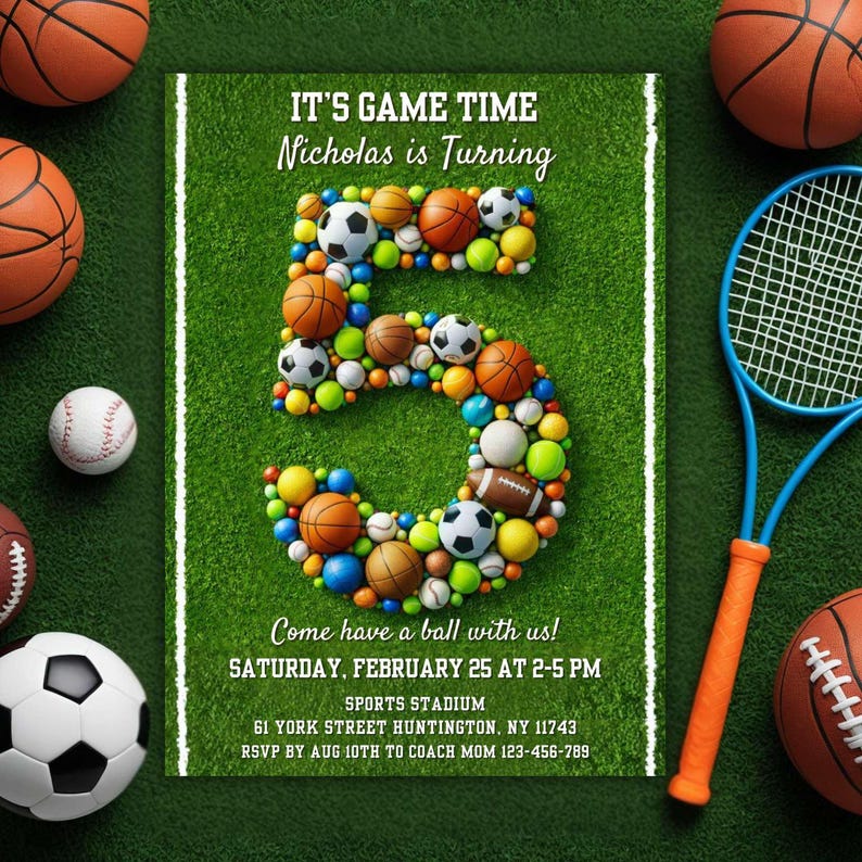 Editable Sports 5th Birthday Invitation, Field Party Theme Template ...