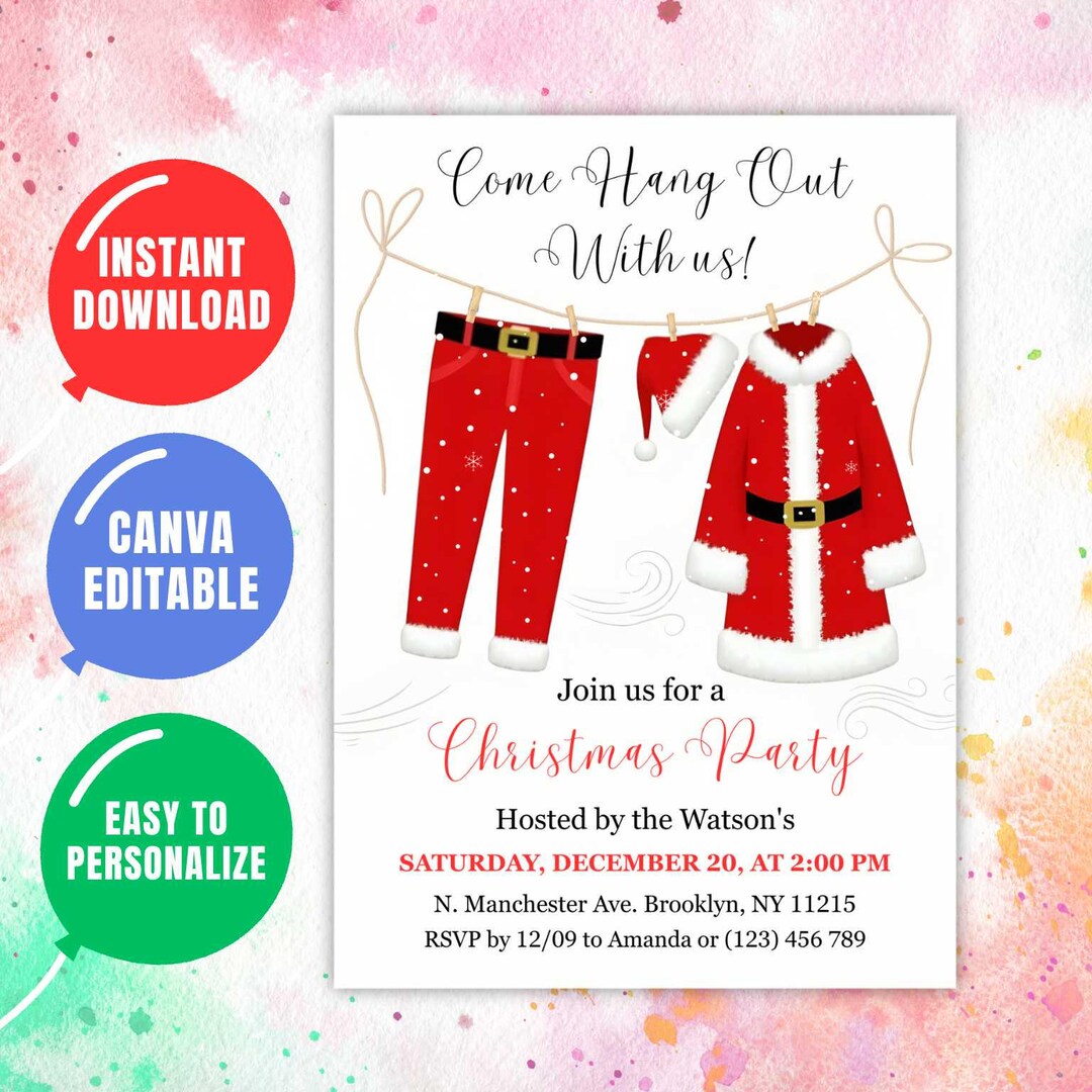 Santa Clothesline Christmas Party Invitation: Editable Festive Template ...