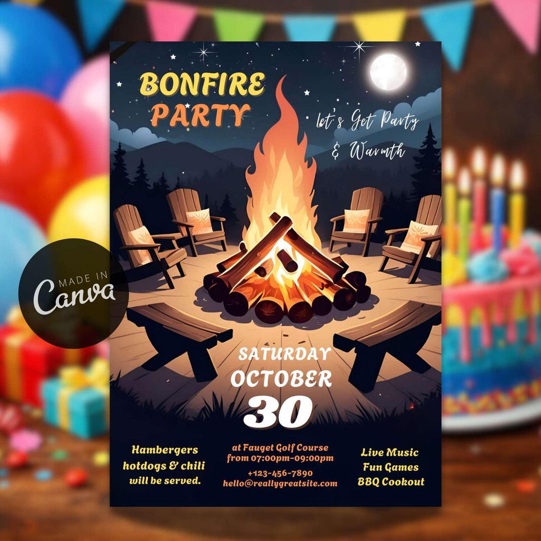 Editable Bonfire Birthday Invitation, Rustic Campfire Party Theme ...
