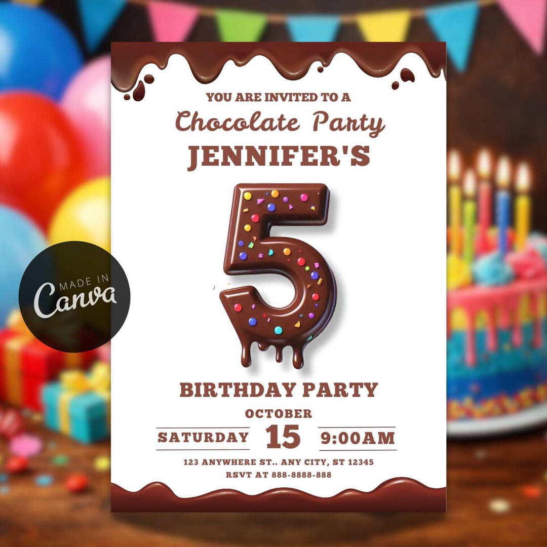 Editable Chocolate 5th Birthday Invitation, Sweet Five Party Theme ...