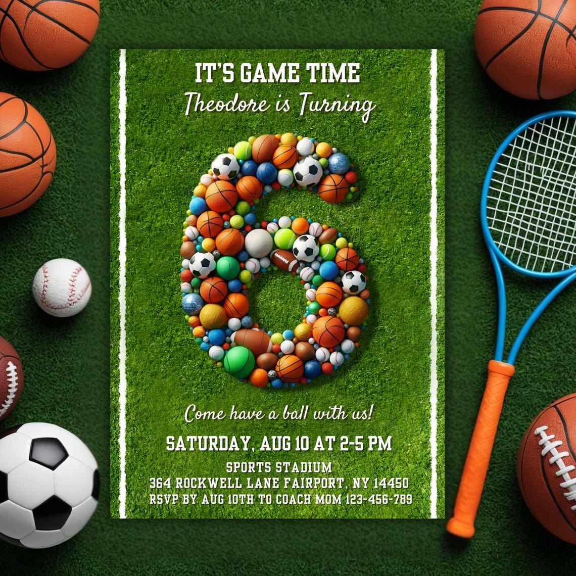 Editable Sports 6th Birthday Invitation, Stadium Field Party (digital ...