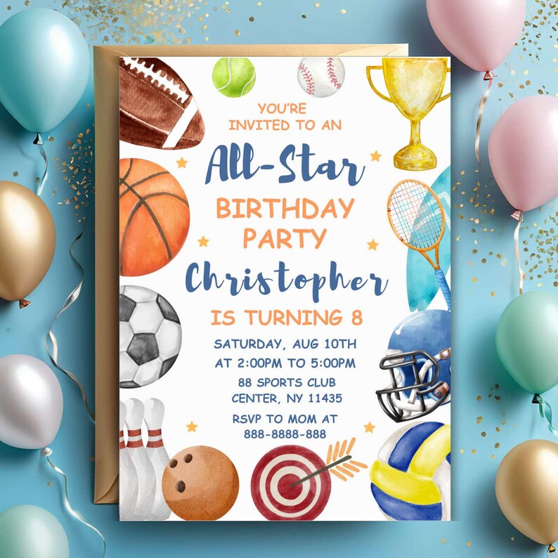 All-star Sports Birthday Invitation, Editable Kids Football, Basketball ...