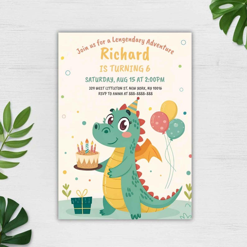 Editable Dragon Birthday Invitation, Green Dragon Invitation, Dragon ...