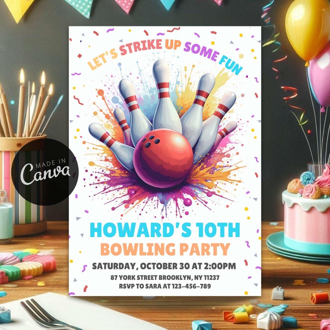 Bowling Birthday Invitation, Colorful Strike Party (digital Invite ...