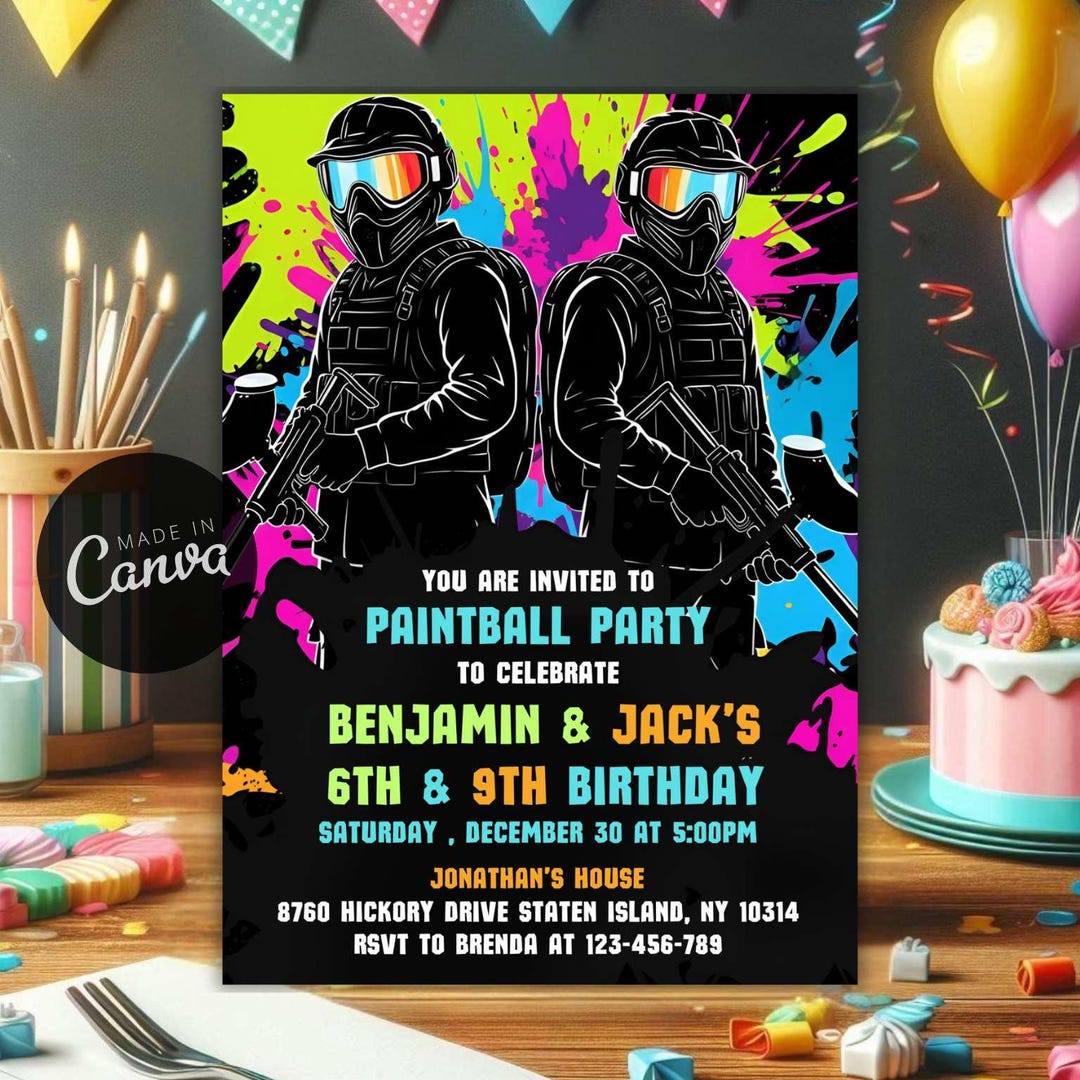 Editable Paintball Birthday Invitation, Double Joint Paint Ball Party ...