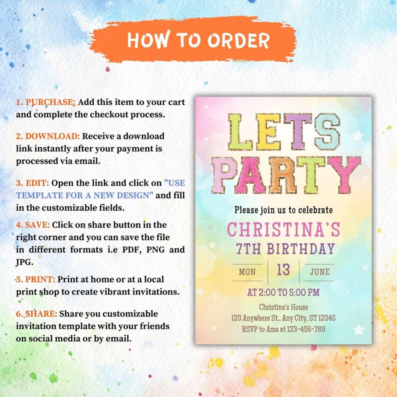 Editable Lets Party Birthday Invitation, Colorful Text Printable Invite ...