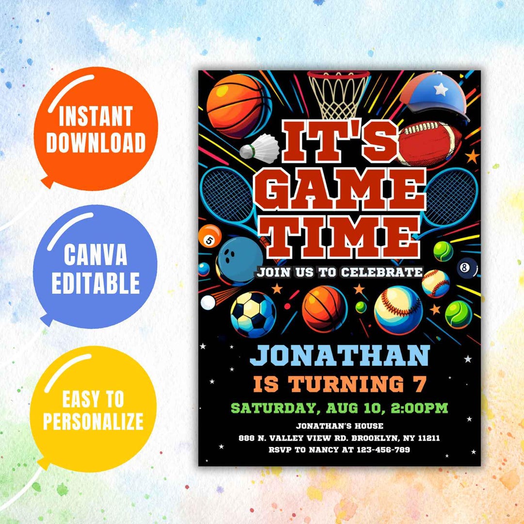 Editable Sports Birthday Invitation: Game Time Party Template (5x7" PDF ...