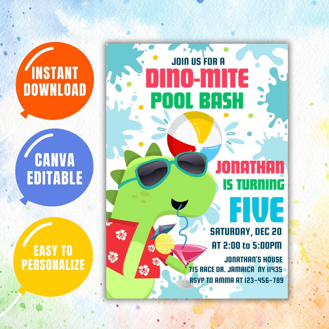 Editable Dinosaur Pool Party Invitation, Dinosaur Birthday Party ...