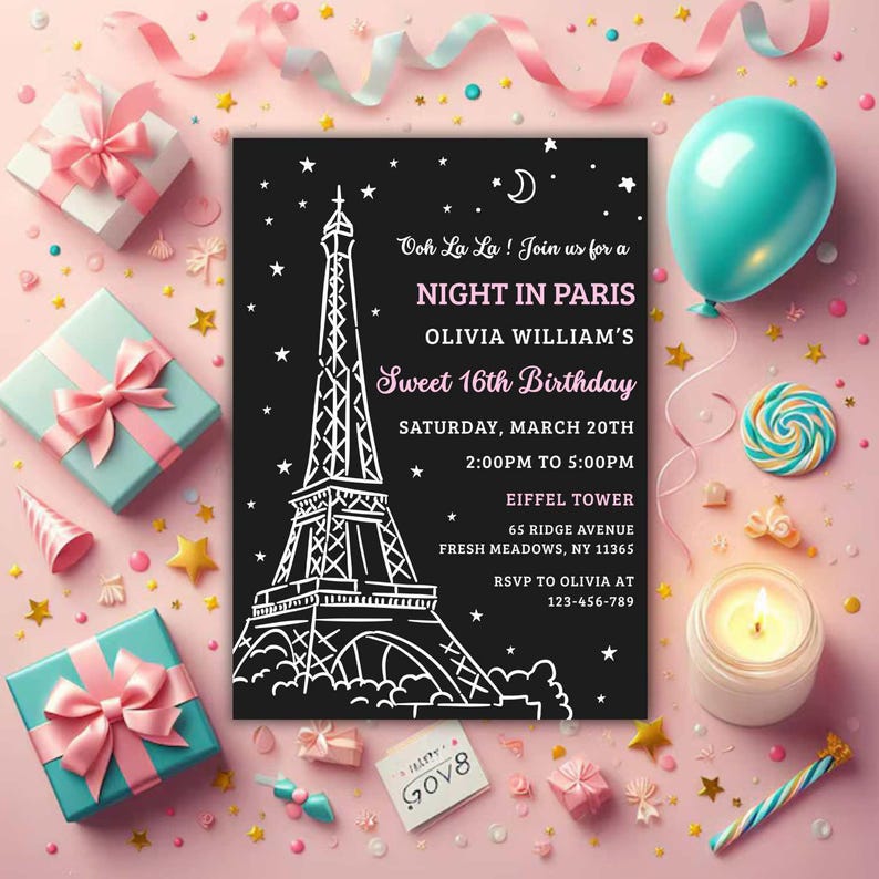 Paris Sweet 16 Birthday Invitation, Eiffel Tower Theme (canva Evite ...
