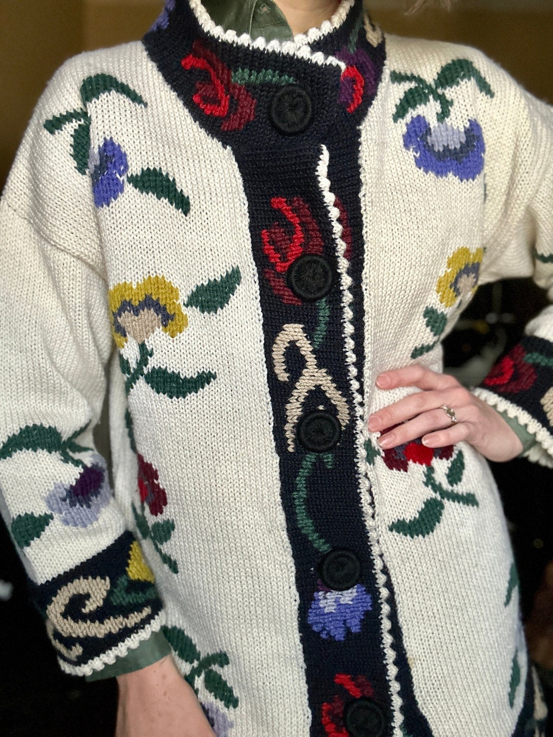 1980's Cottagecore Hand Knit Intarsia Wool Jacket by South Wool - Etsy