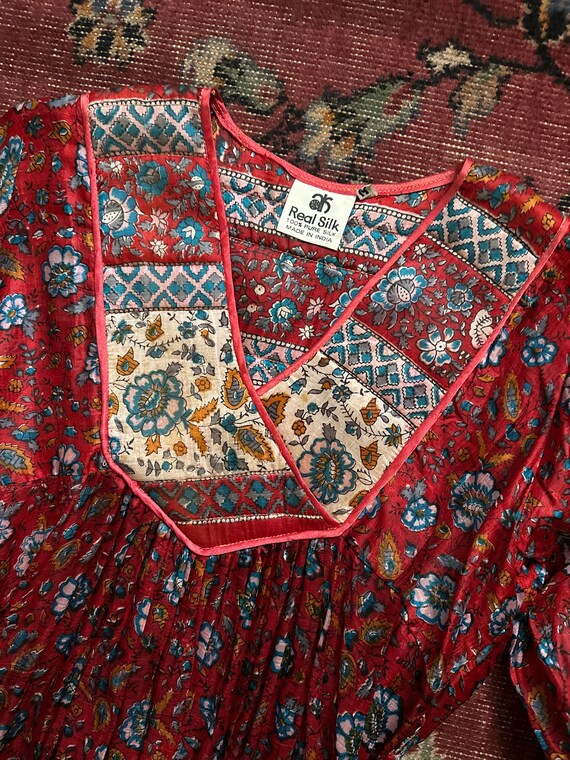 1970's Indian Silk Gauze Dress Bohemian Red Paisley - Gem