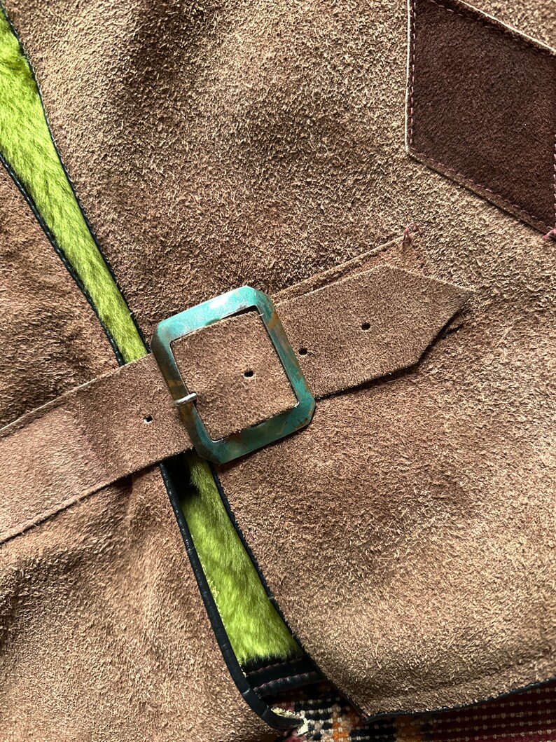 1960's Mod Suede Brown Leather Buckle Front Vest Green Faux Fur Lining ...