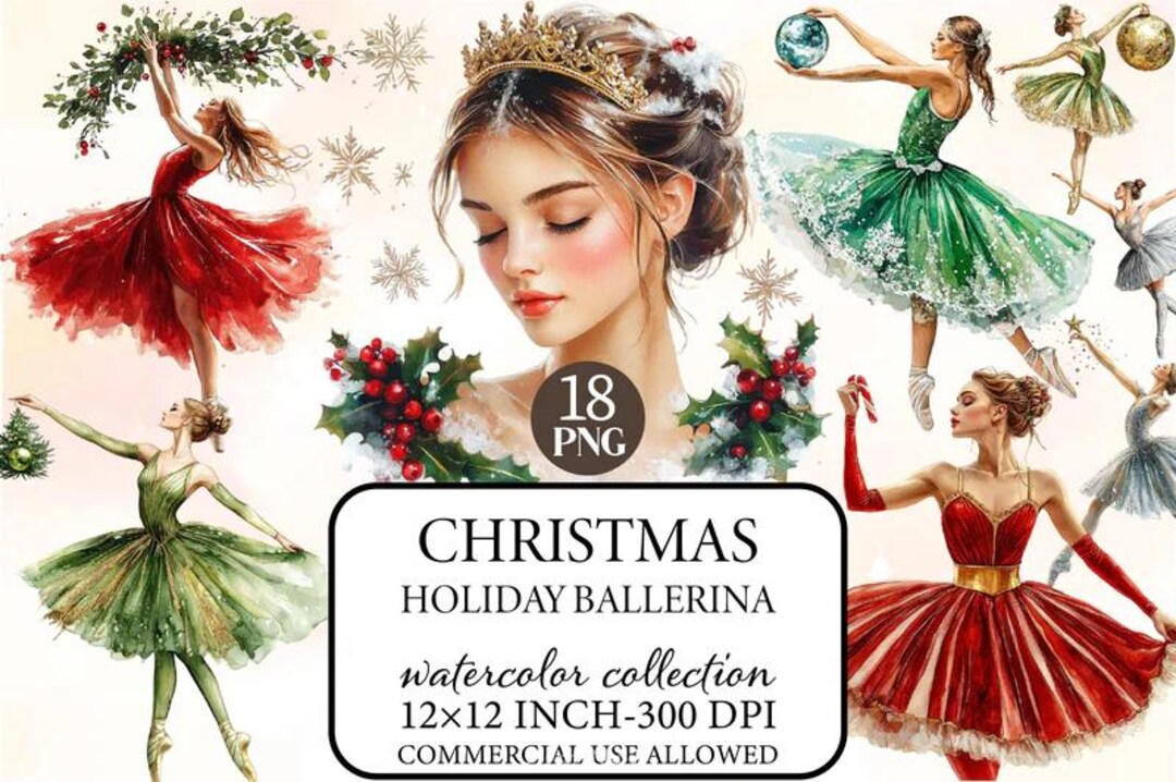 Watercolor Ballerina Clipart Bundle, Christmas Nutcracker PNG, Holiday ...