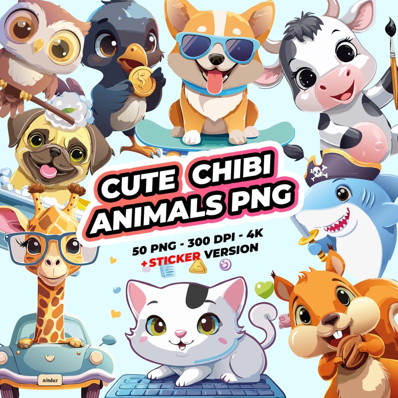 Cute Chibi Animal Clipart Bundle – 50 PNG + Sticker + SVG Cute Animal ...