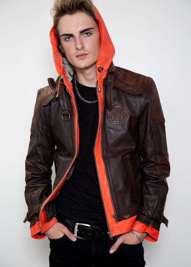 Men Goku Dragon Ball Z Leather Jacket – Orange & Brown Cosplay Coat ...