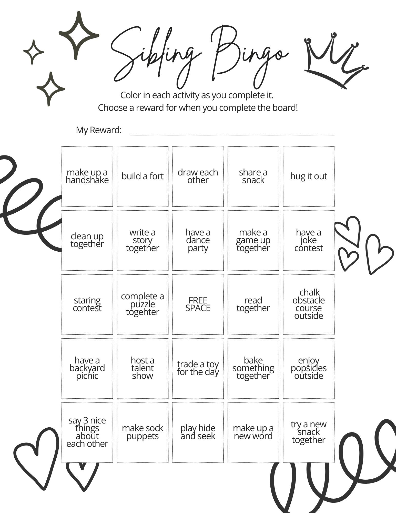 Sibling Summer Challenge Bingo – Printable Activity Game for Kids ...