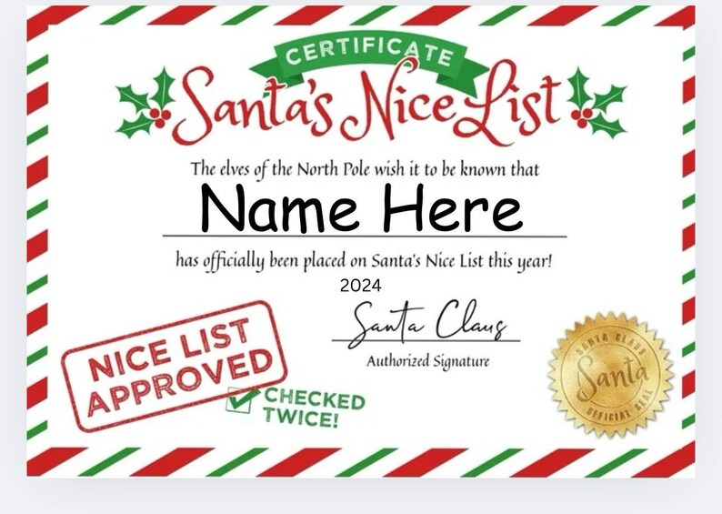 Santas Official Nice List Certificate - Etsy