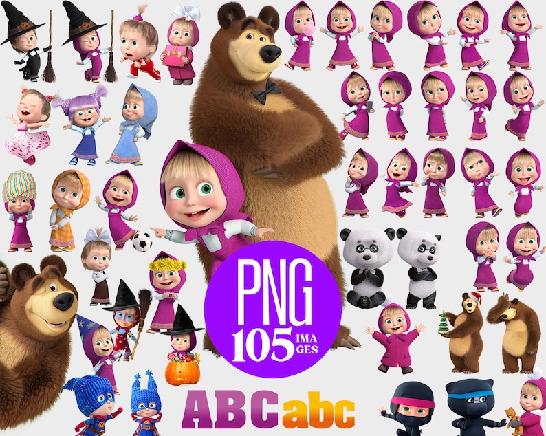Masha and the Bear 105 Images, PNG, Alphabet, Masha's Birthday, Instant ...