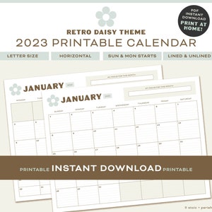 Retro Daisy 2023 Calendar Printable Monday Start Lined and - Etsy