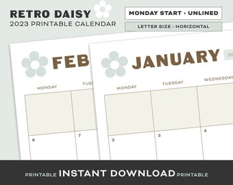 Retro Daisy 2023 Calendar Printable Monday Start Lined Simple Cute ...
