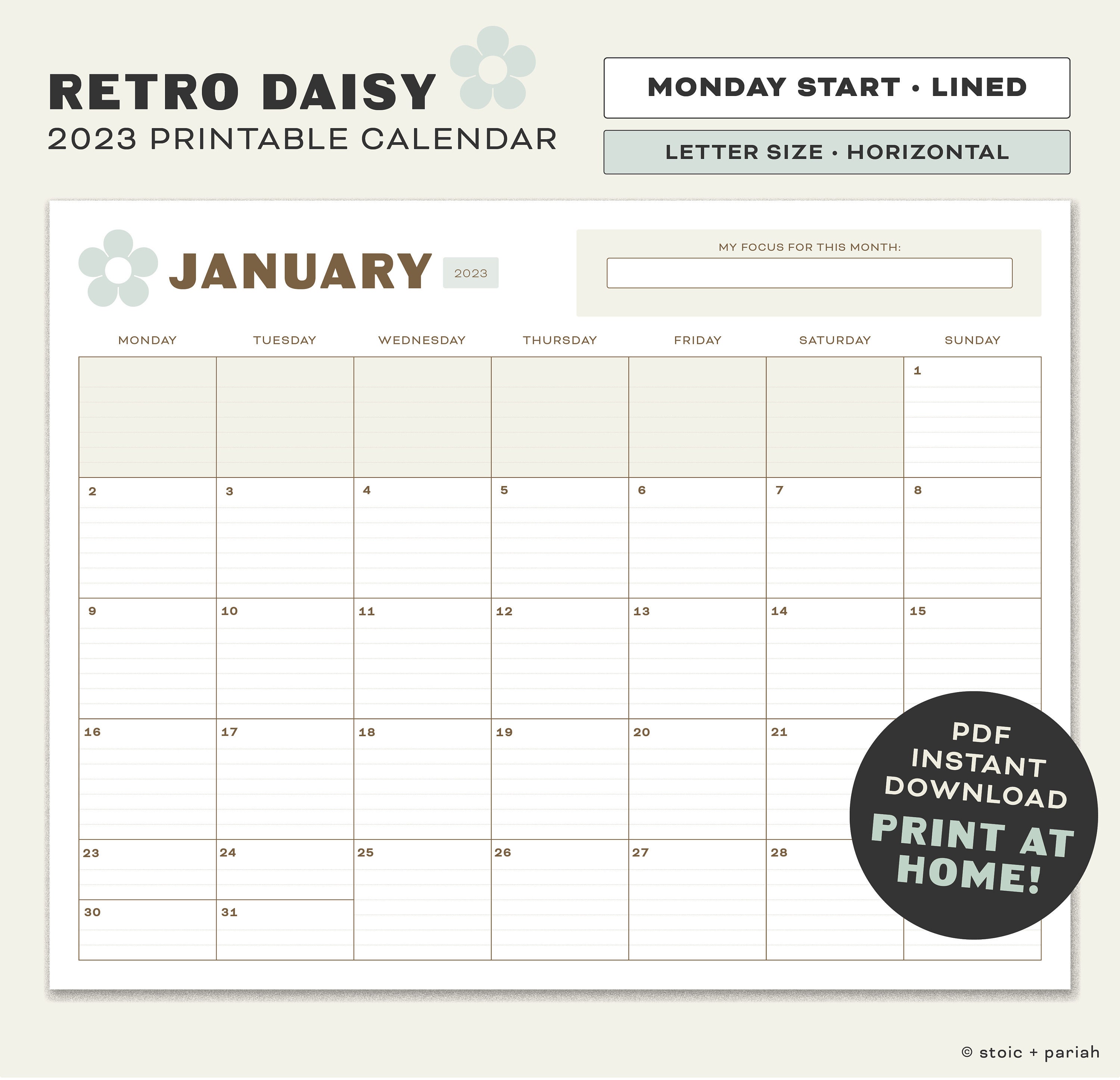 Retro Daisy 2023 Calendar Printable | Monday Start | Lined | Simple ...