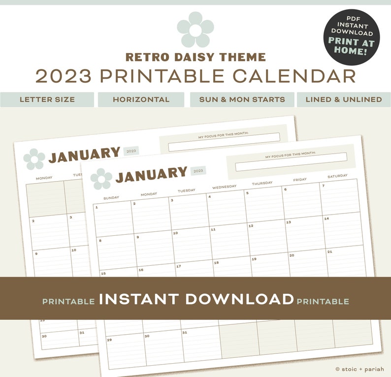 Retro Daisy 2023 Calendar Printable Monday Start Lined and - Etsy
