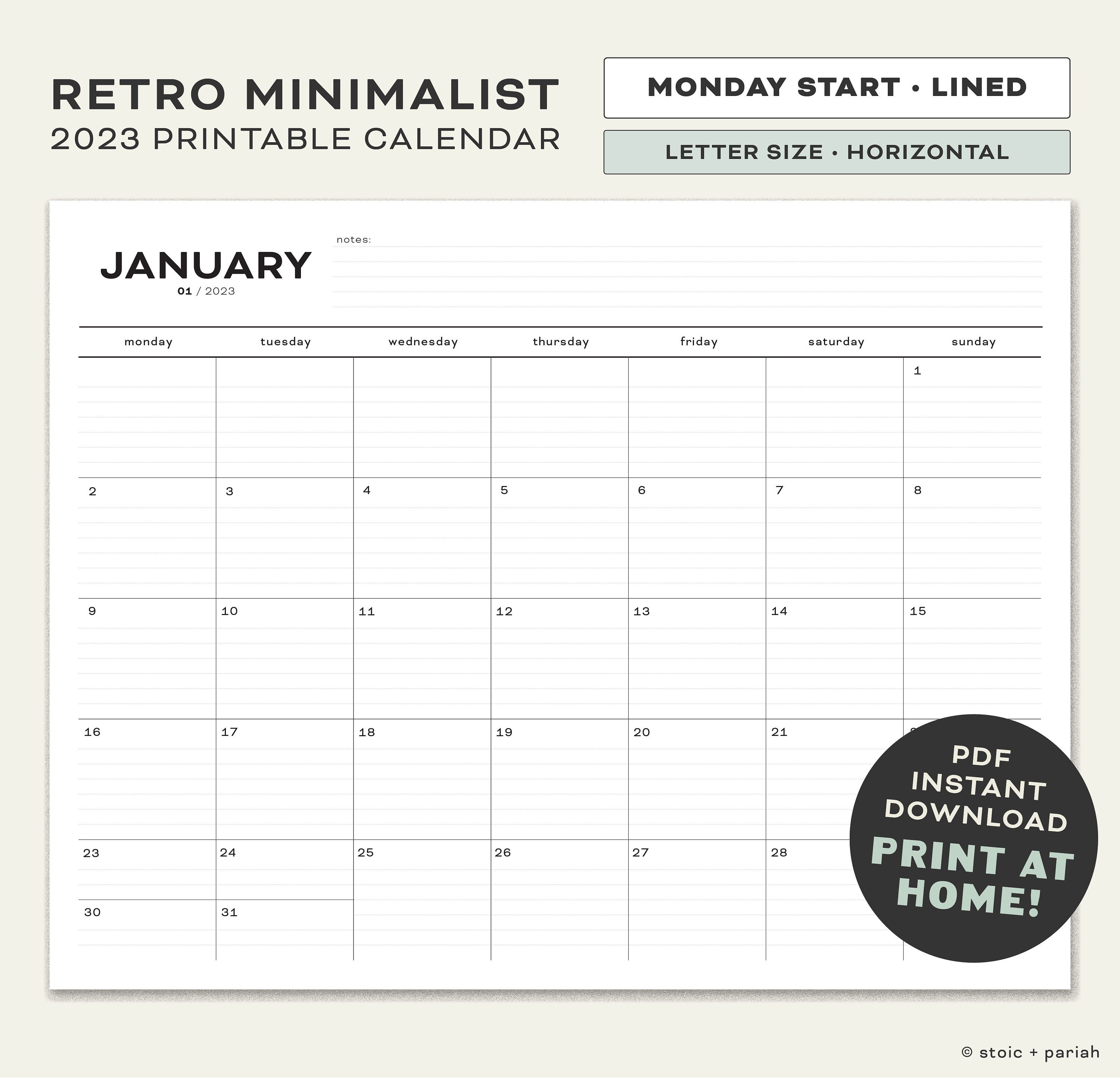Retro Minimalist 2023 Calendar Printable | Monday Start | Lined ...