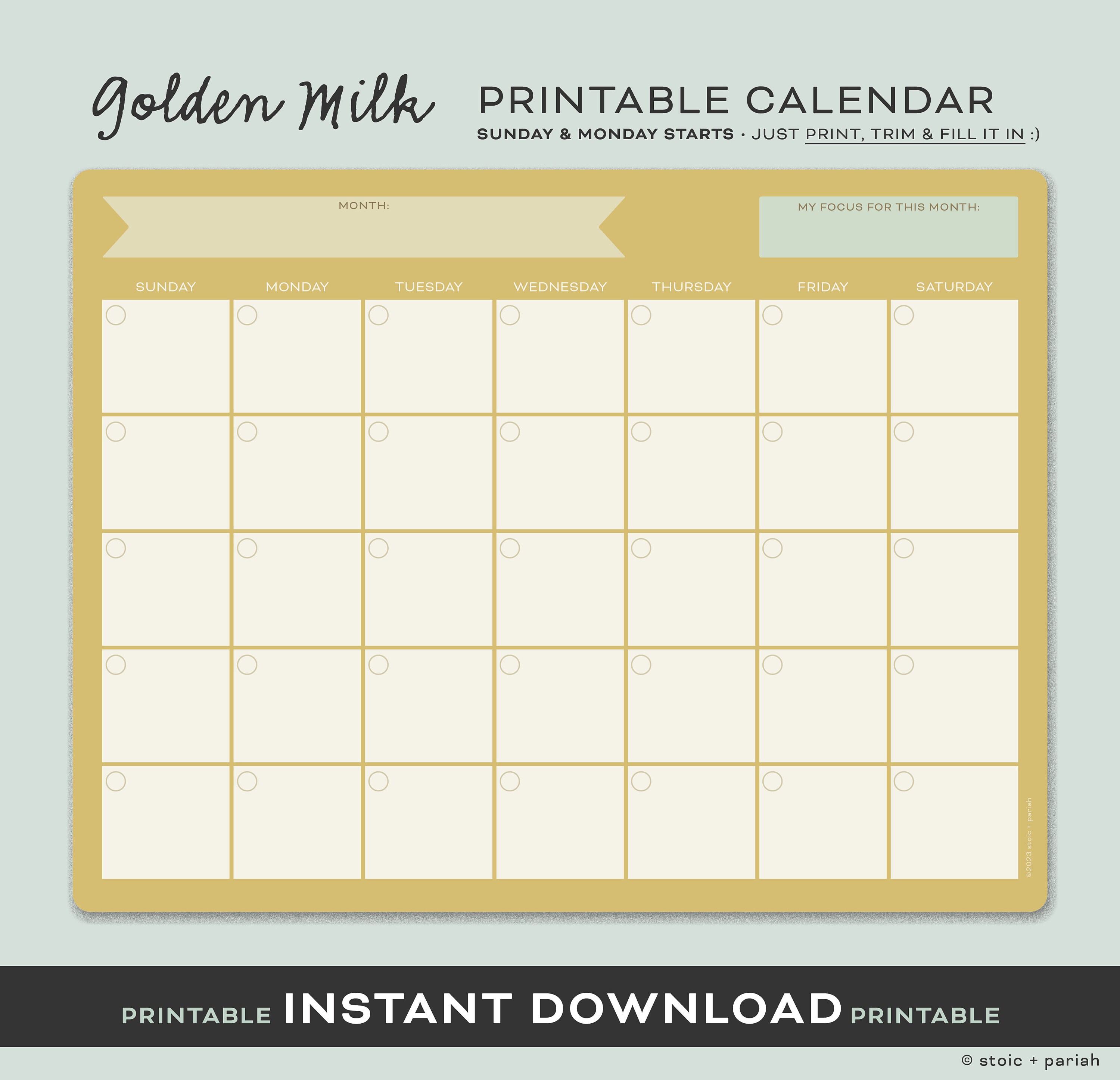 Golden Yellow Blank Open Calendar Printable Retro Minimalist Cute ...