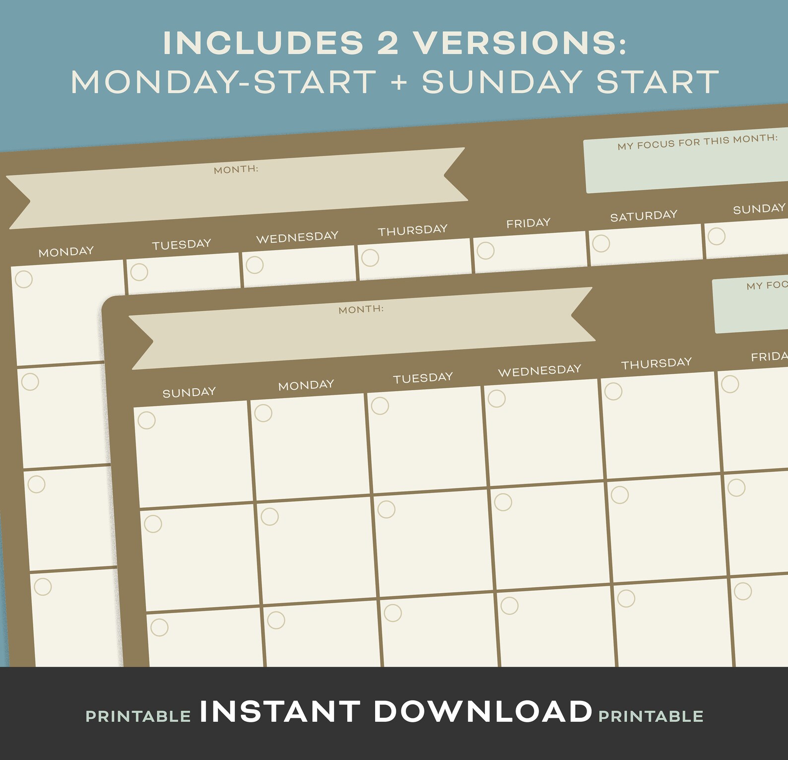 Blank Open Calendar Printable in Brown | Retro Minimalist | Cute Office ...
