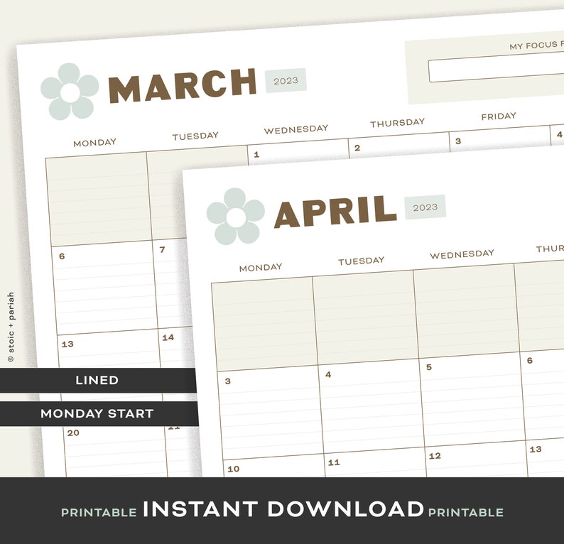 Retro Daisy 2023 Calendar Printable Monday Start Lined Simple Cute ...