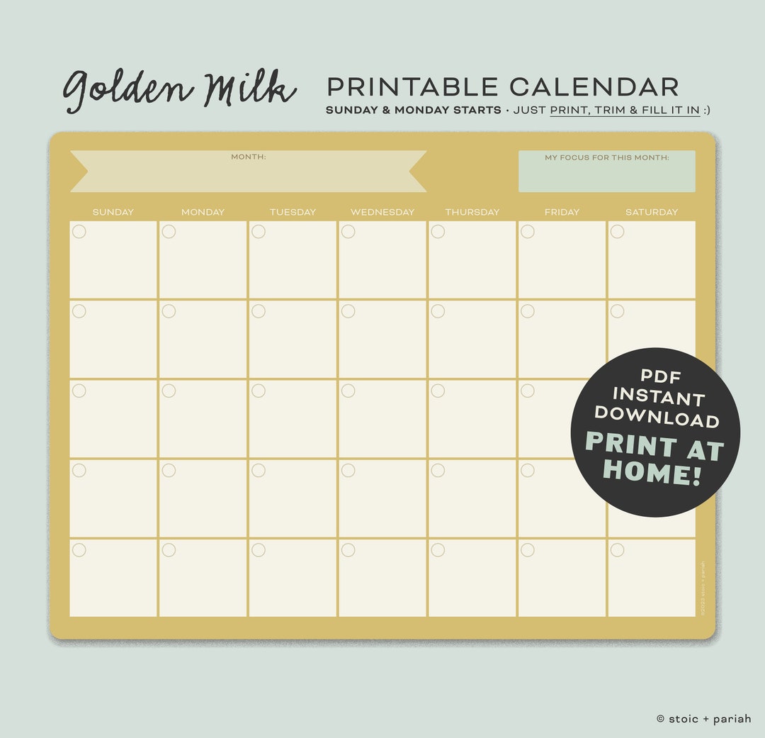 Golden Yellow Blank Open Calendar Printable | Retro Minimalist | Cute ...
