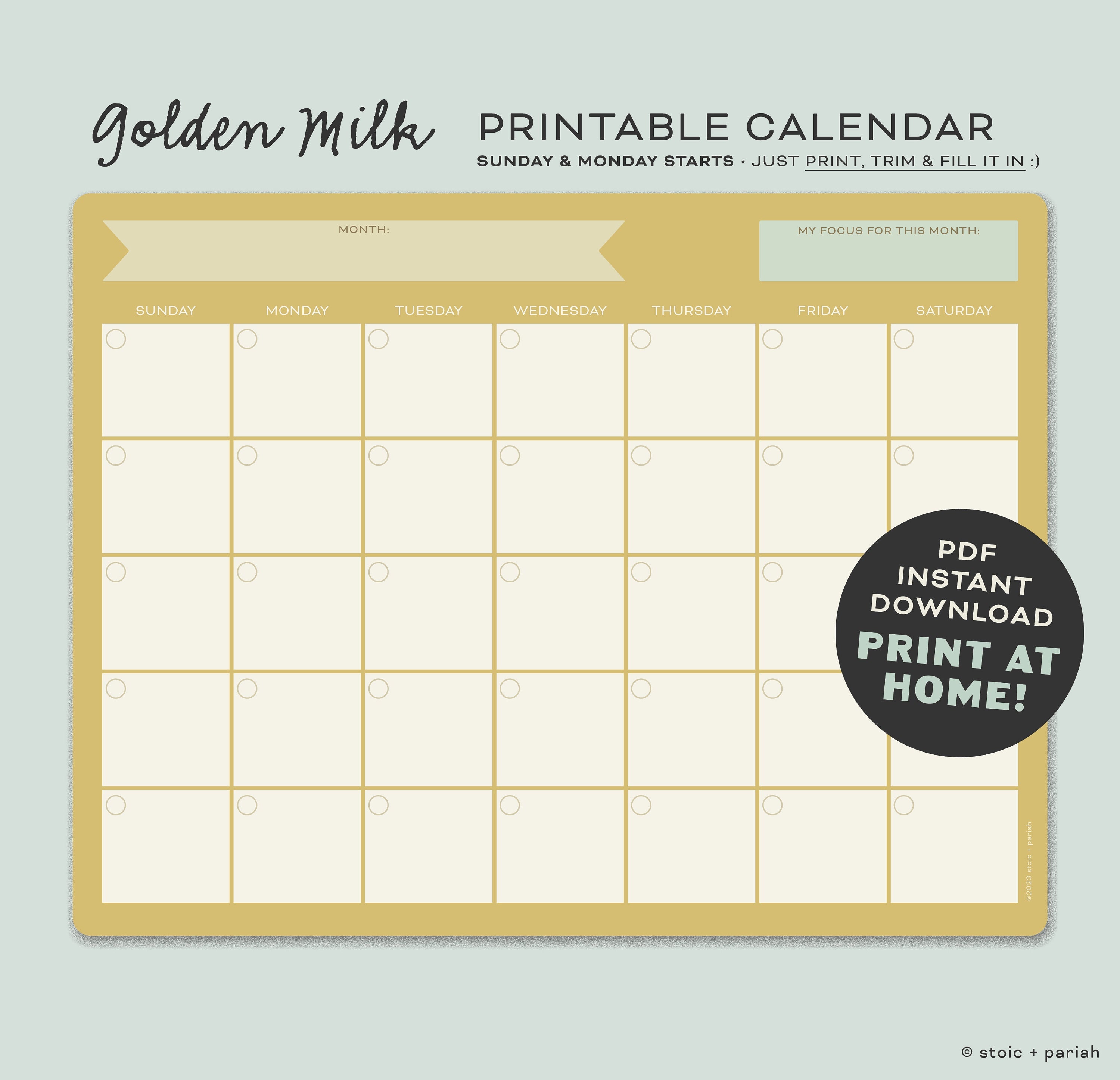 Golden Yellow Blank Open Calendar Printable Retro Minimalist Cute ...