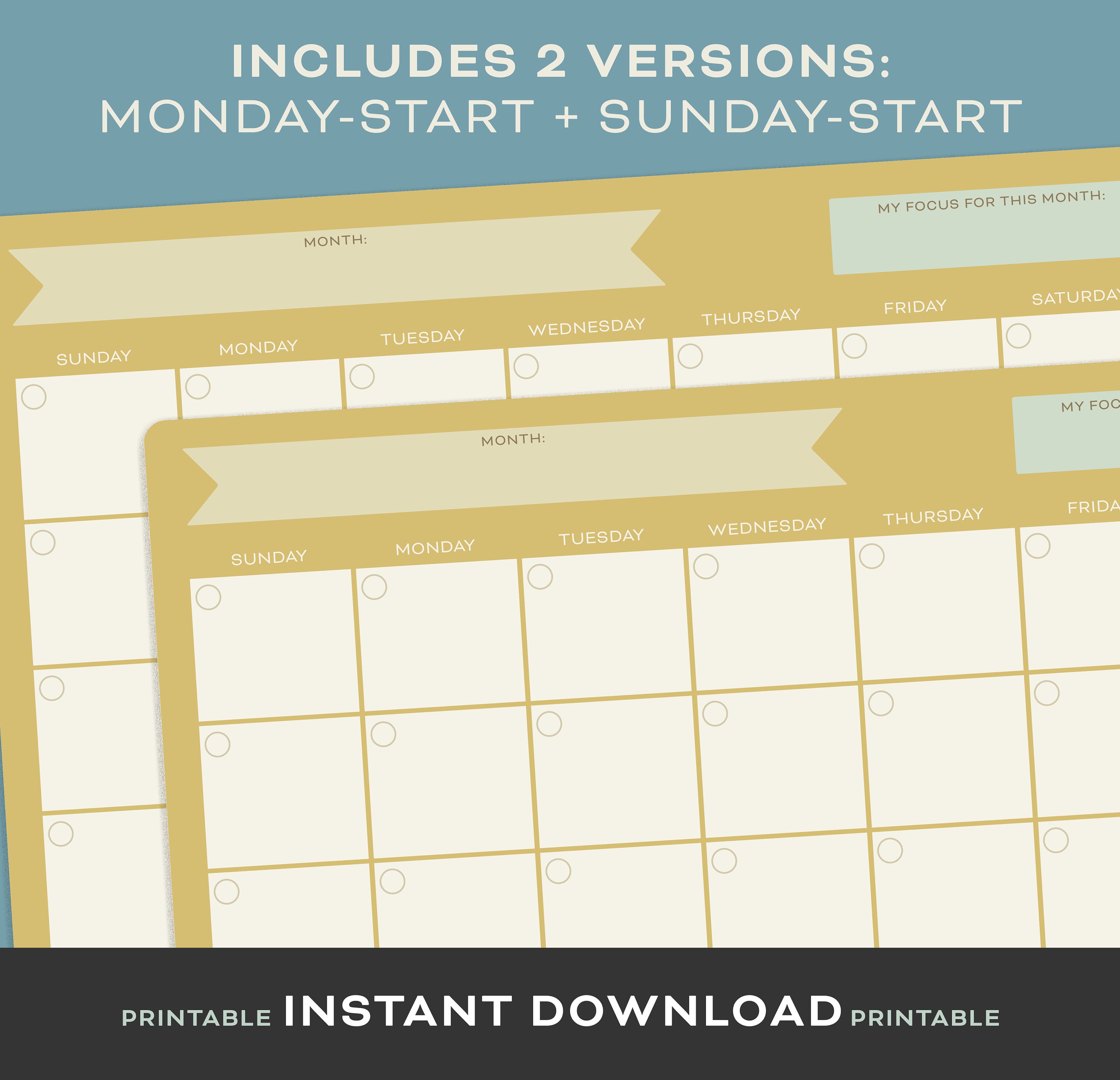 Golden Yellow Blank Open Calendar Printable Retro Minimalist Cute ...