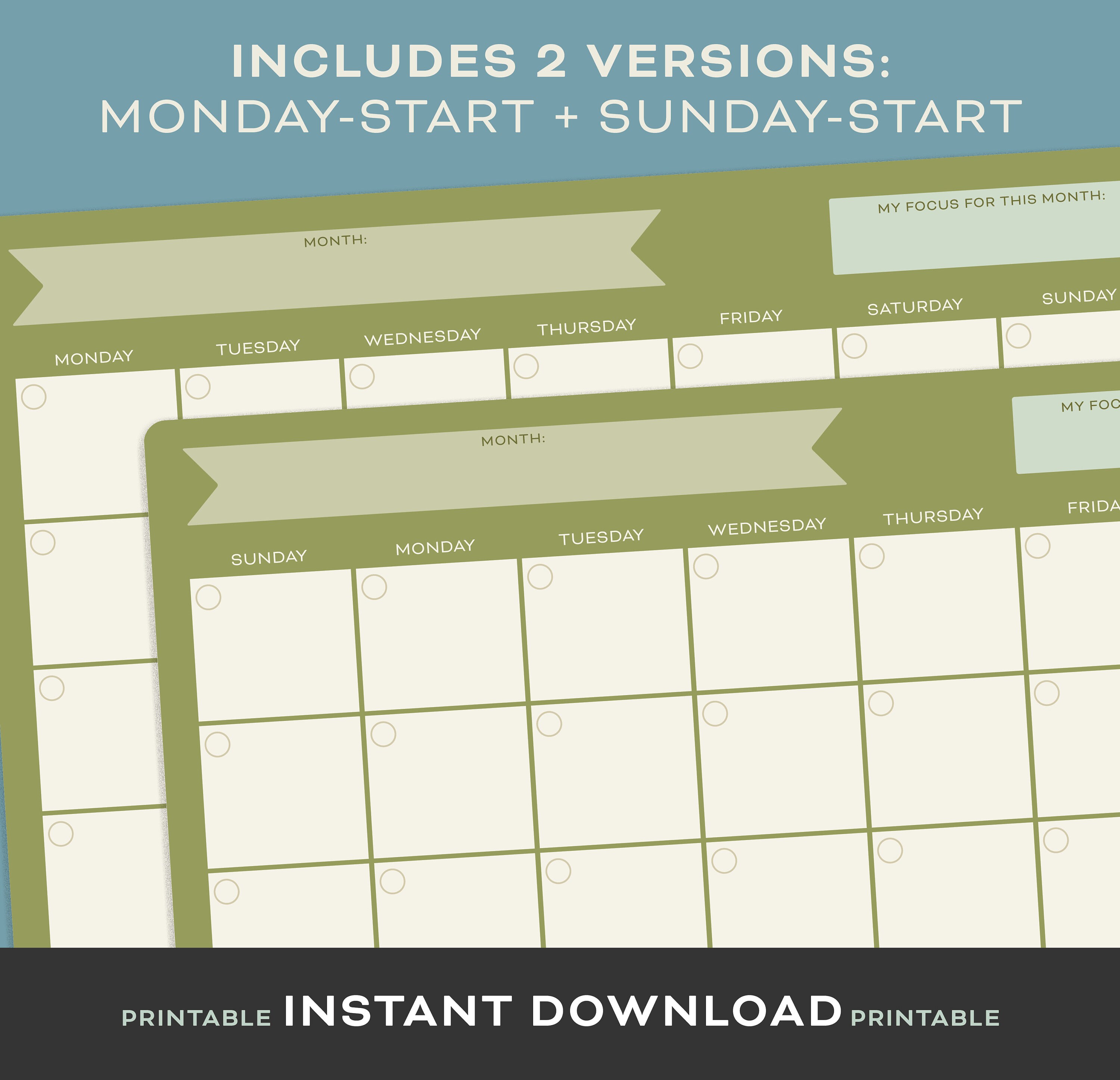 Matcha Green Blank Open Calendar Printable | Retro Minimalist | Cute ...