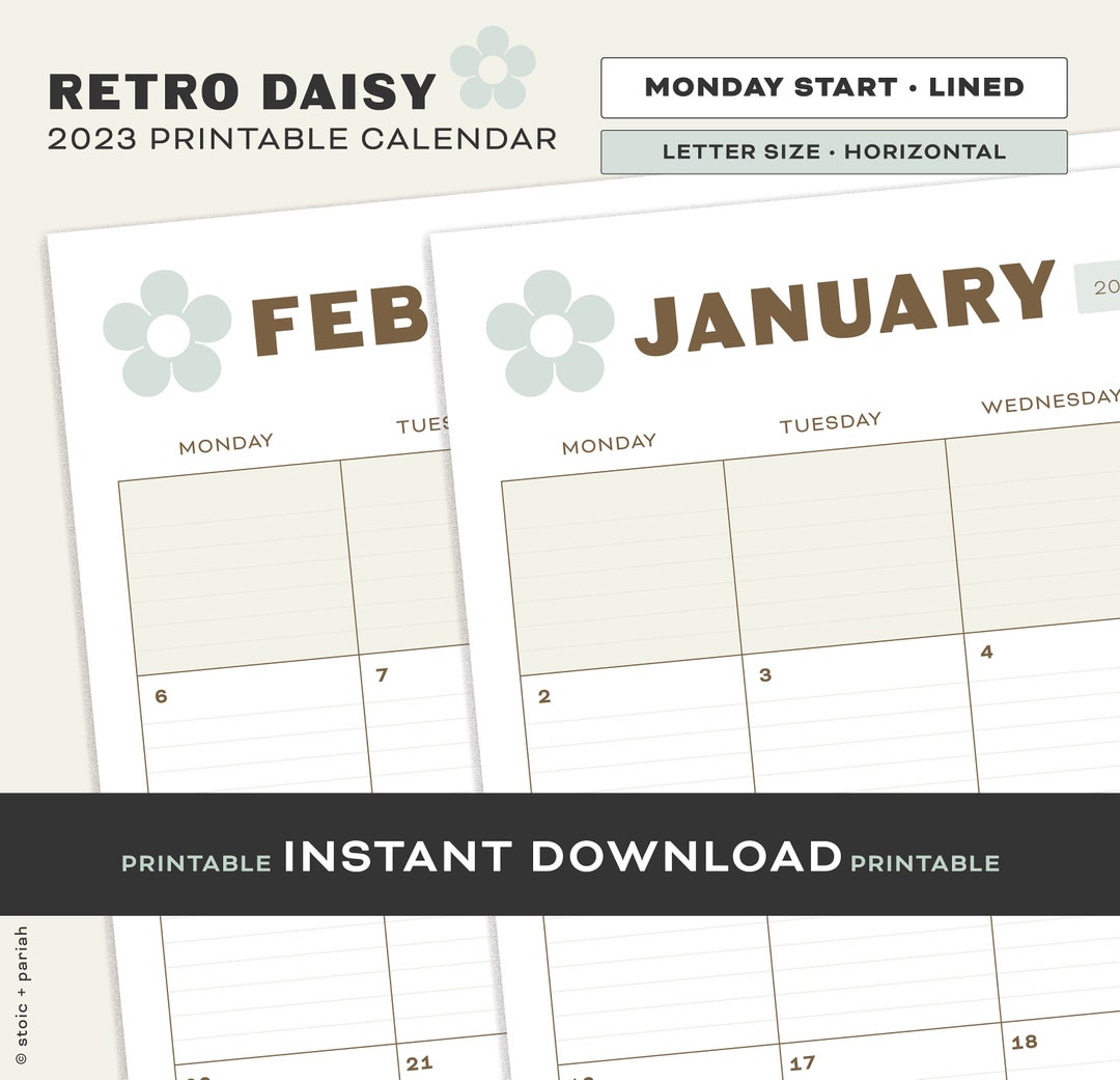 Retro Daisy 2023 Calendar Printable | Monday Start | Lined | Simple ...