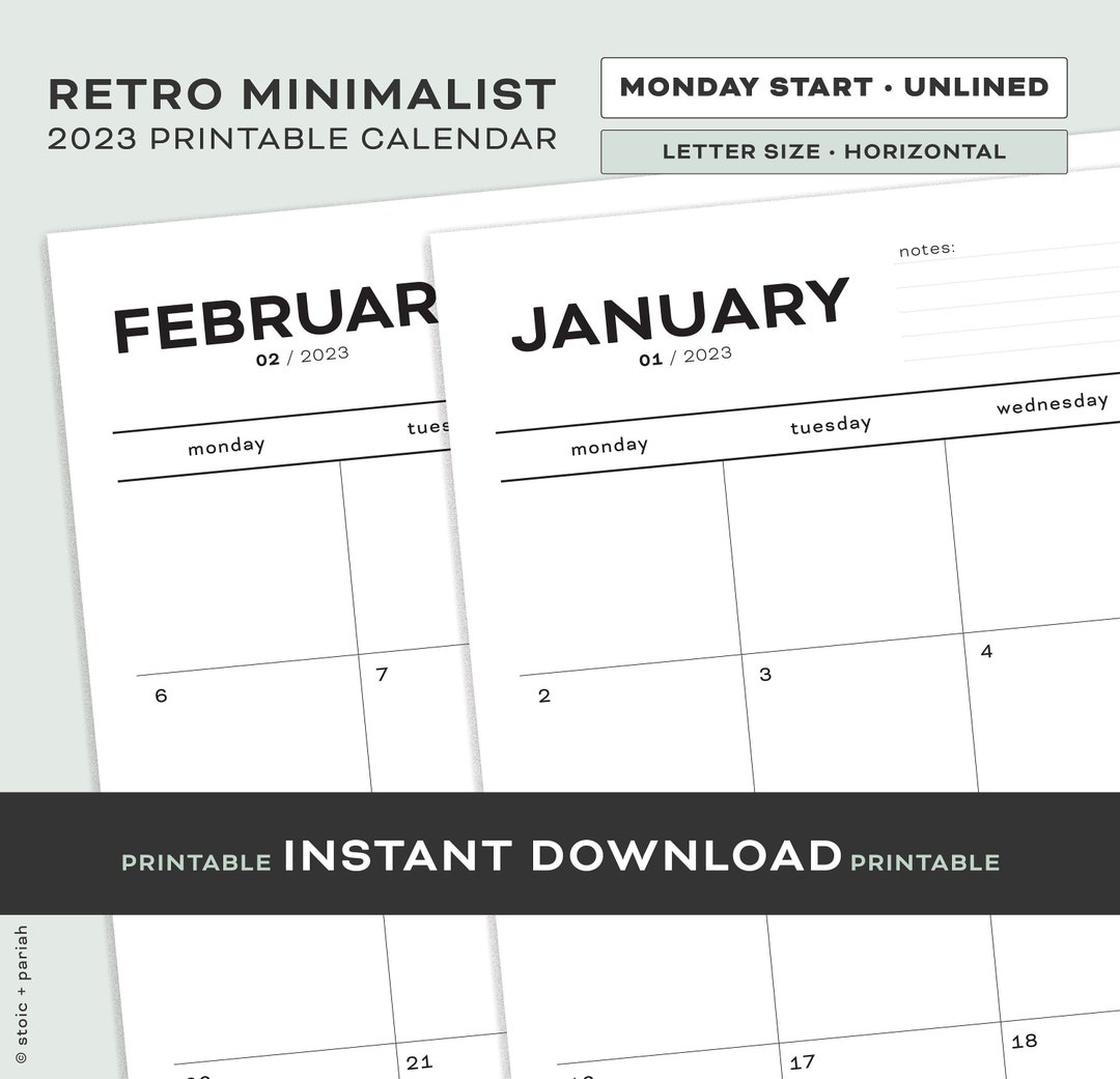 Retro Minimalist 2023 Calendar Printable | Monday Start | Unlined ...