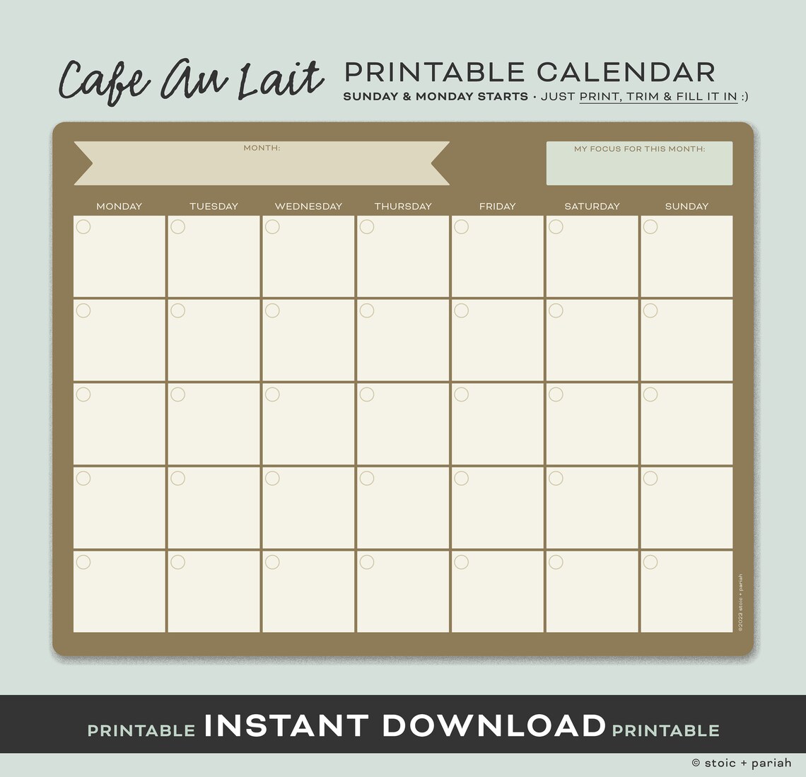 Blank Open Calendar Printable in Brown | Retro Minimalist | Cute Office ...