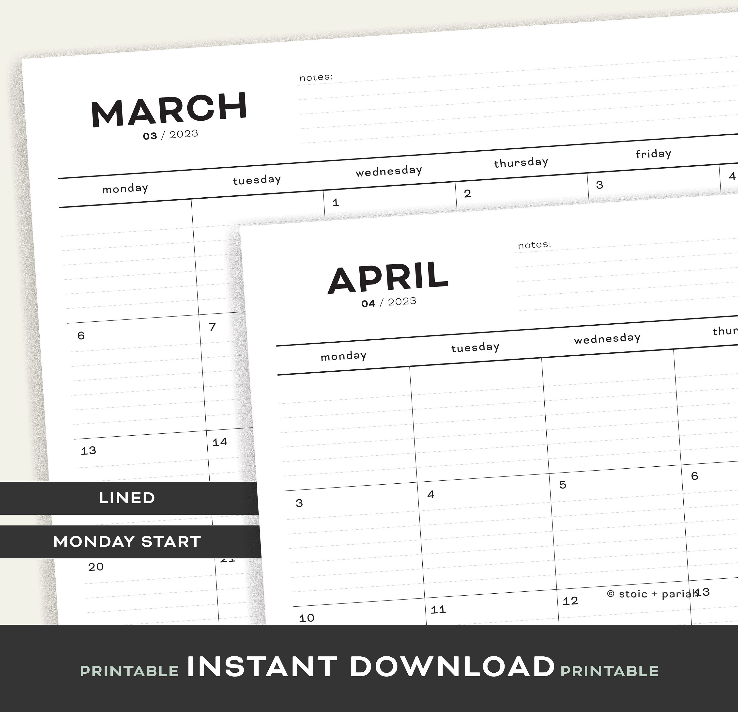 Retro Minimalist 2023 Calendar Printable | Monday Start | Lined ...