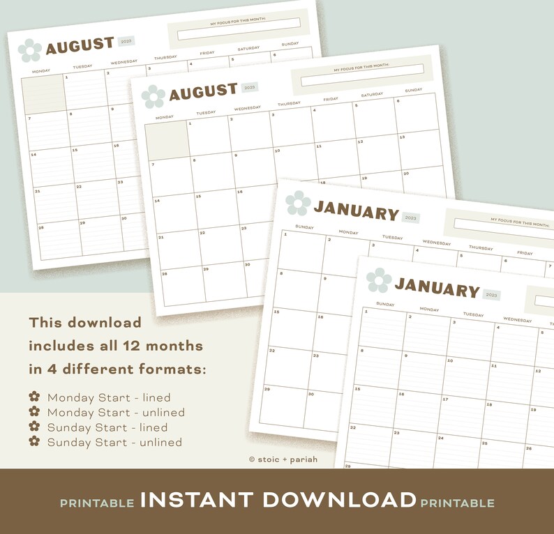 Retro Daisy 2023 Calendar Printable Monday Start Lined and - Etsy