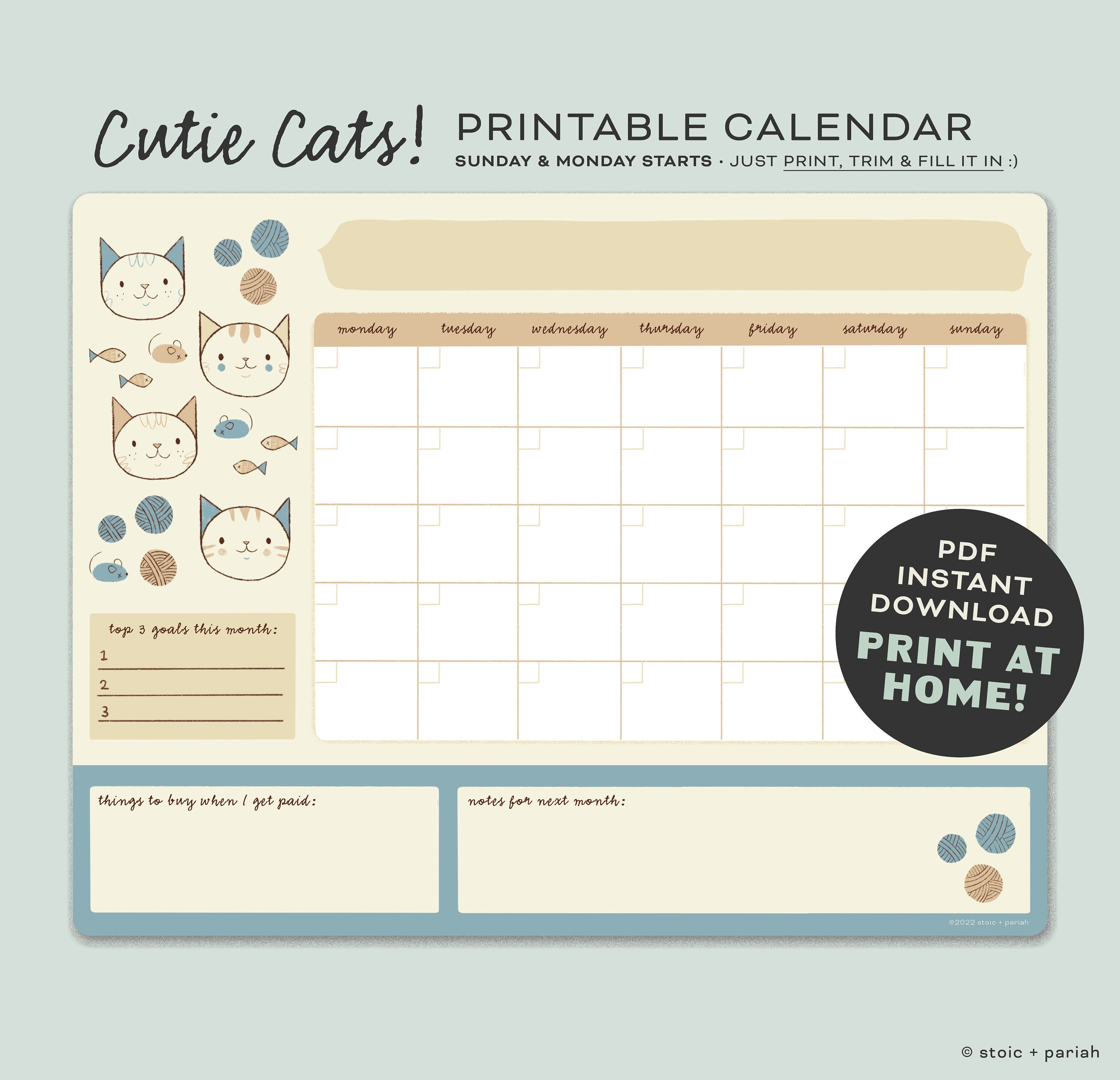 Cutie Cats! Blank Calendar Printable | Monday + Sunday Start Included ...