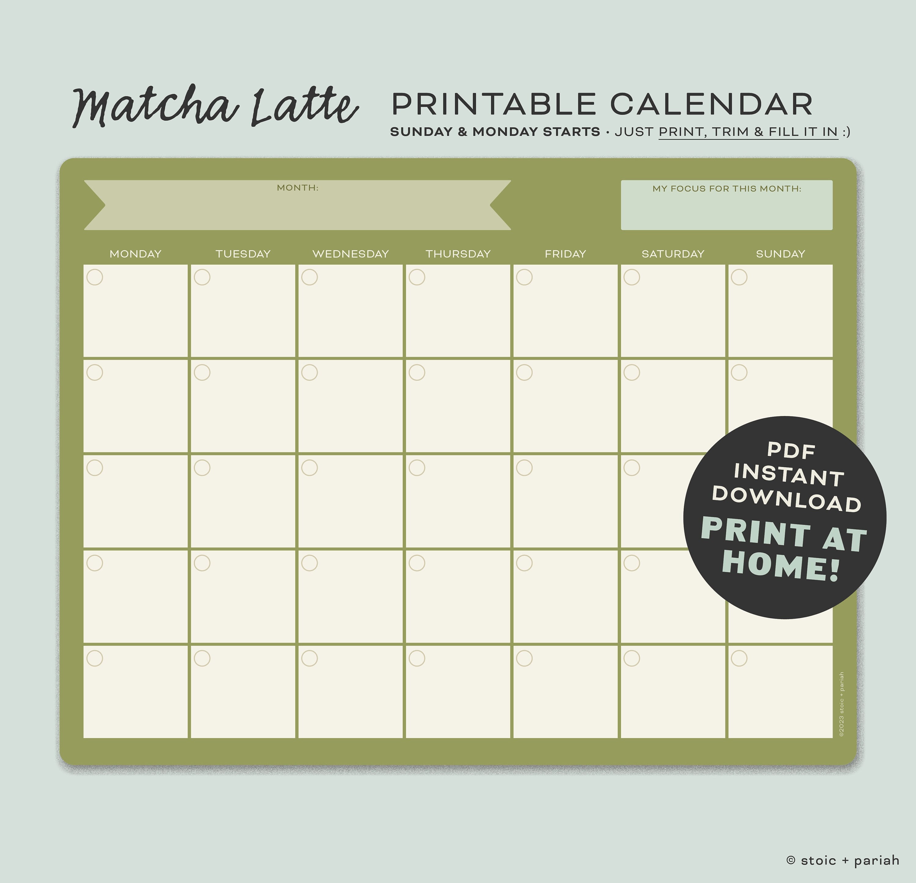 Matcha Green Blank Open Calendar Printable | Retro Minimalist | Cute ...
