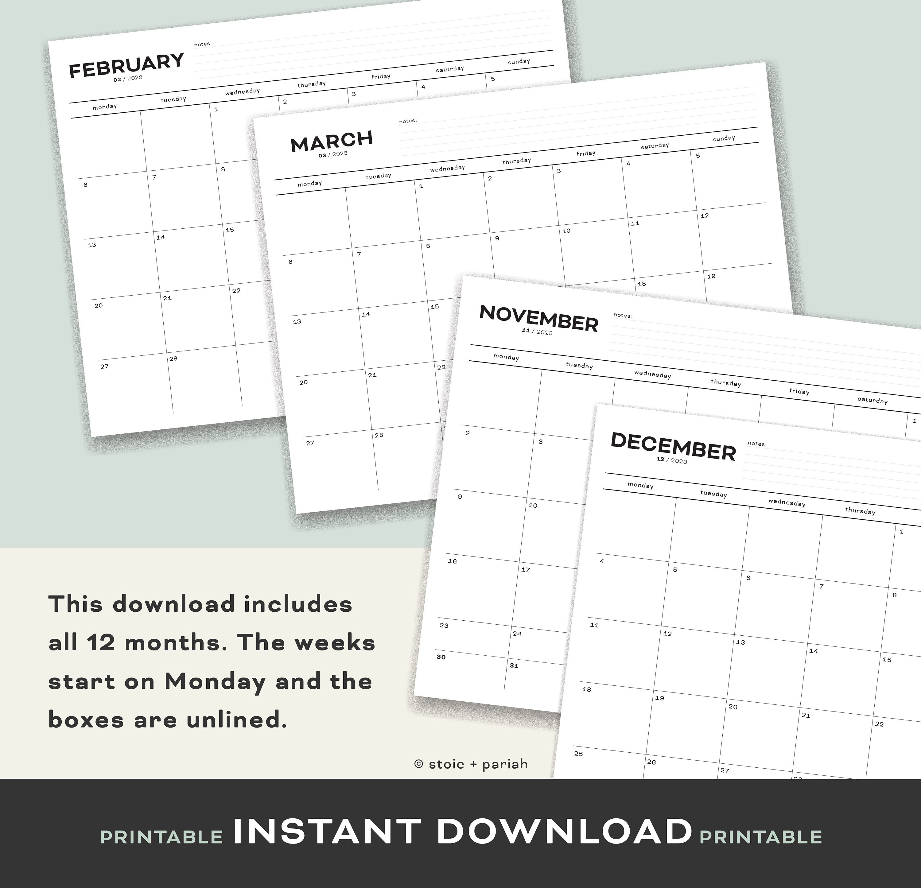 Retro Minimalist 2023 Calendar Printable | Monday Start | Unlined ...