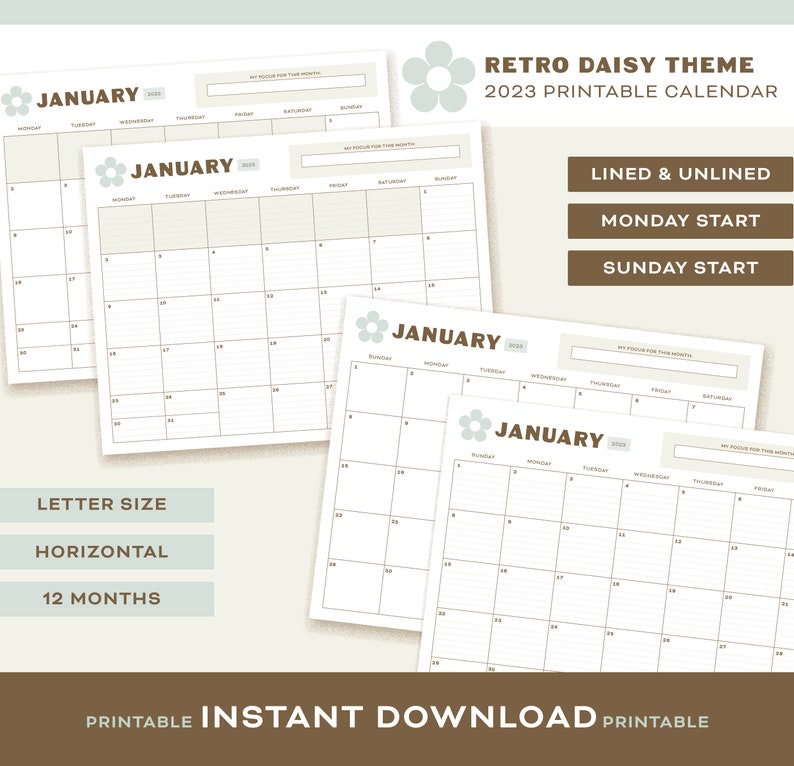 Retro Daisy 2023 Calendar Printable Monday Start Lined and - Etsy