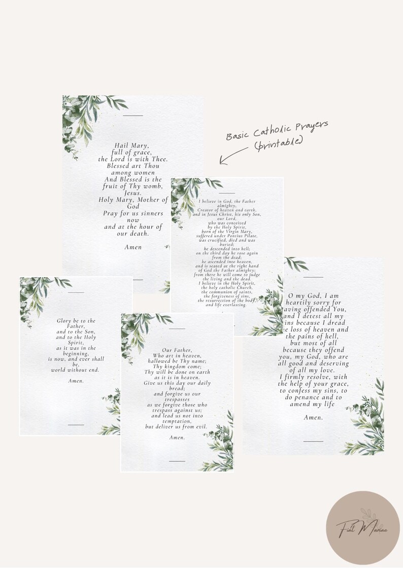 Catholic Prayer Cards Printable – Set of 5 Digital Downloads – Our Father, Hail Mary, Glory Be ...