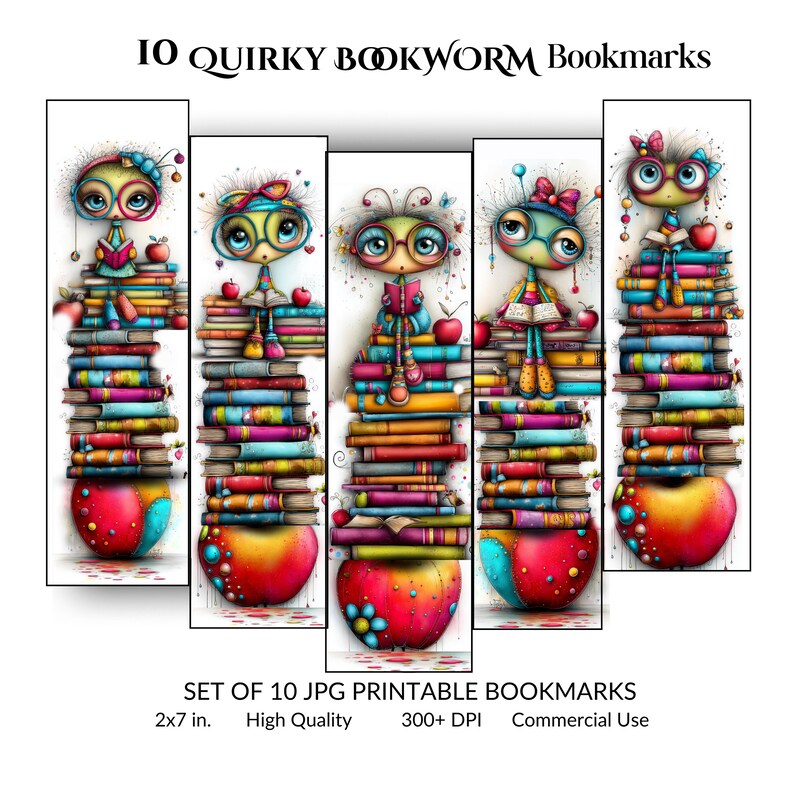 Whimsical Printable Bookmarks: Funny Bookworm Designs (digital Download ...