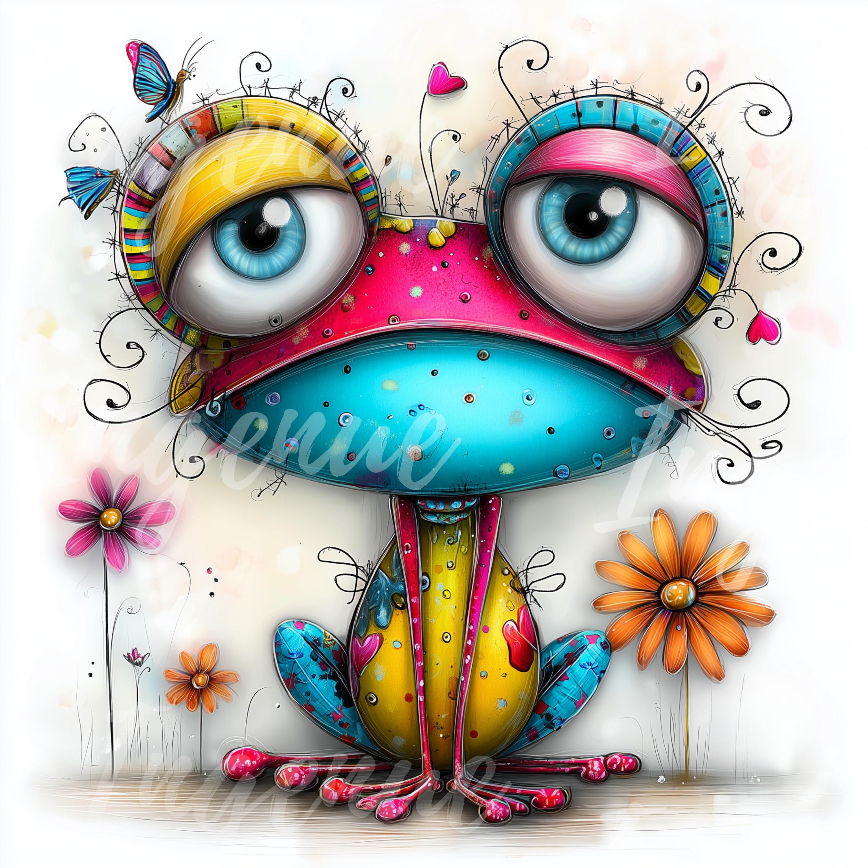 Whimsical Frog Print PNG | Cute Boho Quirky Frog Art PNG JPG | Big Eyed ...