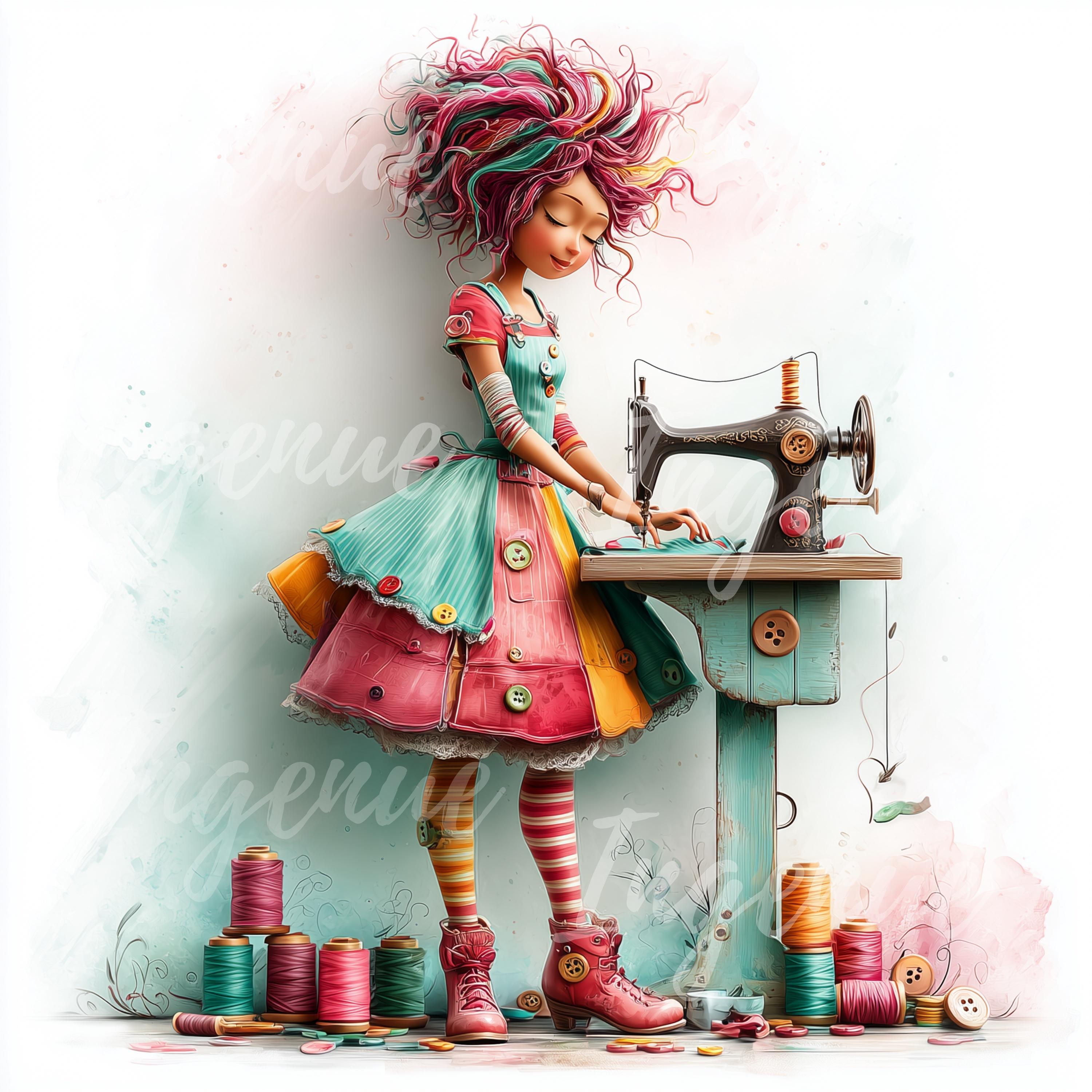 Whimsical Sewing Girls Clip Art: Quirky Junk Journal Kits (digital ...