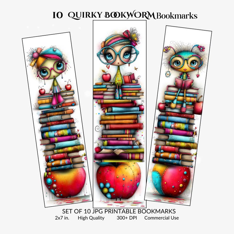 Whimsical Printable Bookmarks: Funny Bookworm Designs (digital Download ...