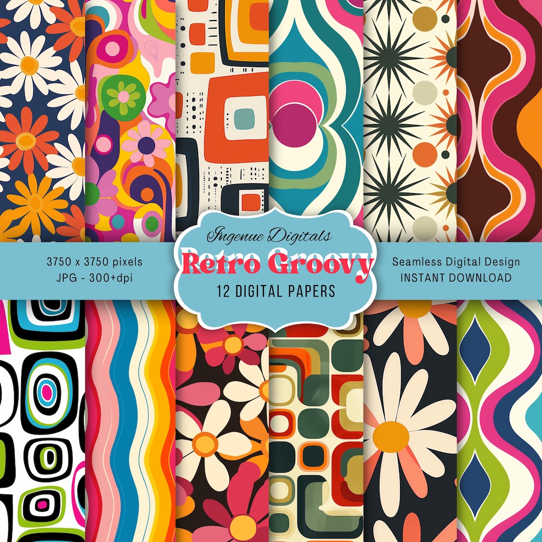 Retro Groovy Digital Papers | 70s Seamless Patterns | Funky Psychedelic ...
